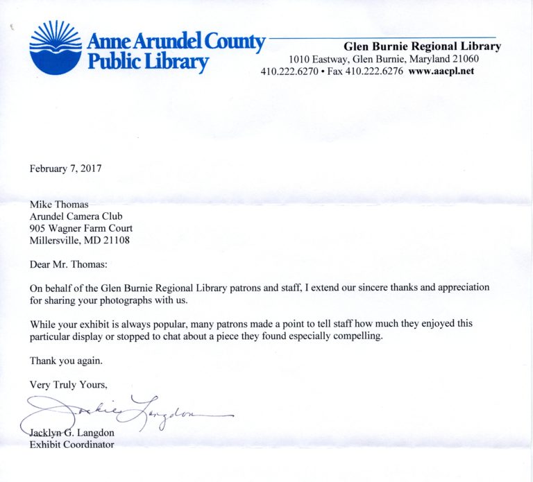 Anne Arundel County Public Library – Thank You Letter